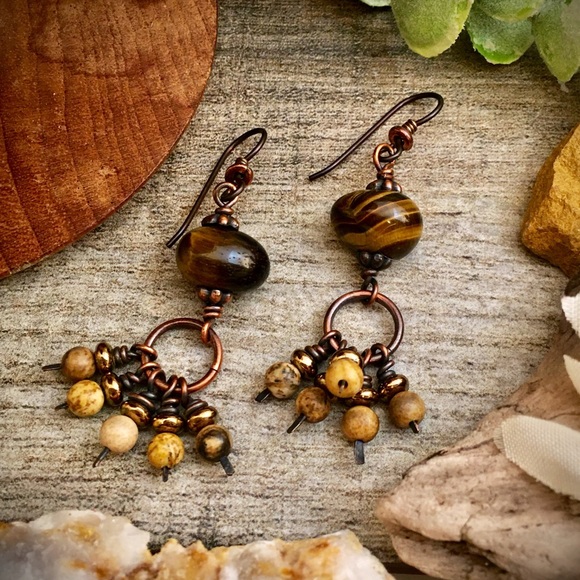Hand Crafted | Jewelry | Tigers Eye Nugget Beaded Dangle Drop Earrings ...